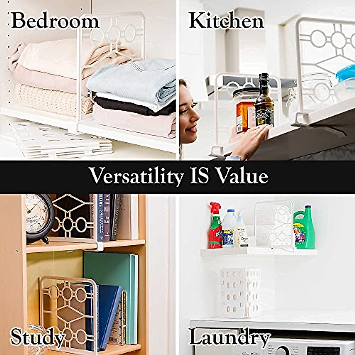 EZICOZI Set of 6 Shelf Dividers with T Shirt Folder Board - White Closet Shelf Organizer - Separators for Wooden Shelves in Kitchen, Bathroom, Office, and Bedroom - Cute Laundry Room Storage