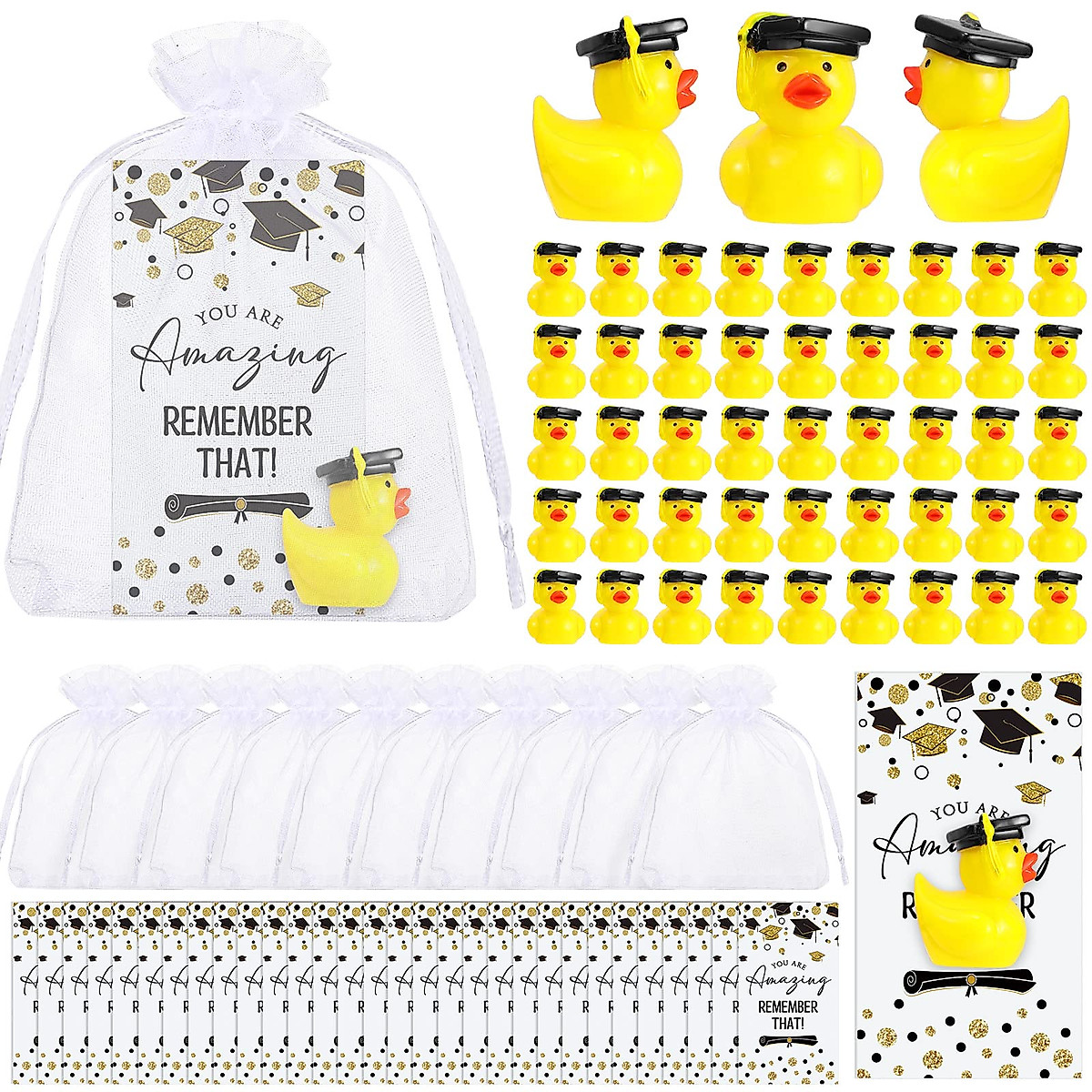 Chunful 24 Sets 2025 Graduation Gifts Resin Graduation Duck Funny Graduation Ducks with Inspirational Congratulation Cards Organza Bags for School Student College Son Daughter Graduation Party
