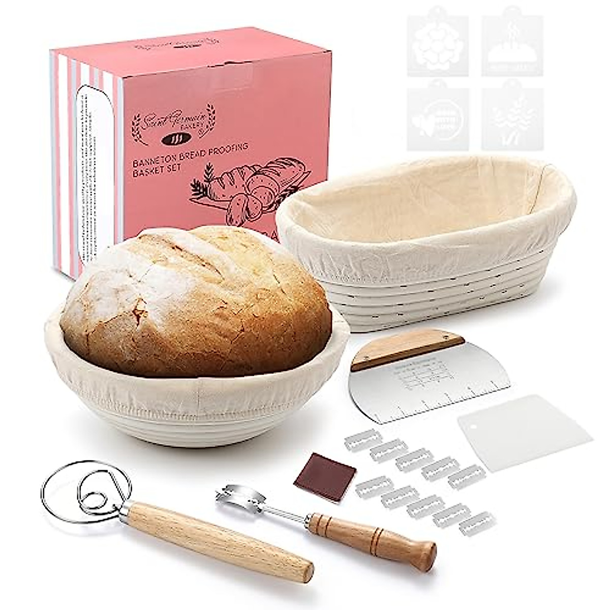 Saint Germain Bakery Premium Round Bread Banneton Basket with Liner - Perfect Brotform Proofing Basket for Making Beautiful Bread - Ultimate Bread Bundle (9 in. Round/10 in. Oval)