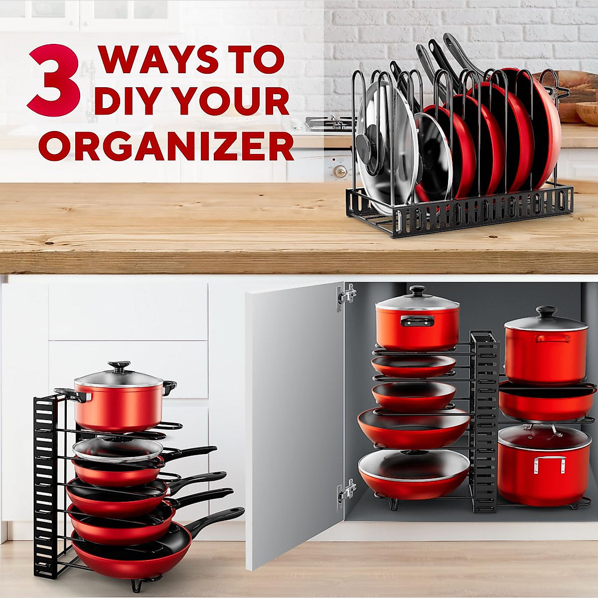 Pots and Pans Organizer Under Cabinet - 8-Tier Adjustable Pan Organizer Rack for Cabinet - Heavy-Duty Pot & Pan Organizer - Perfect to Store Pots, Pans, Lids - Easy Kitchen Organization and Storage