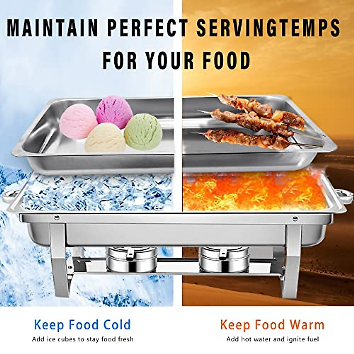 JSTUOKE Chafing Dish Buffet Set 1 Pack, 8QT Stainless Steel Chafer, Rectangle Catering Warmer Server w/Lid Water Pan Folding Stand Fuel Tray Holder Spoon Clip