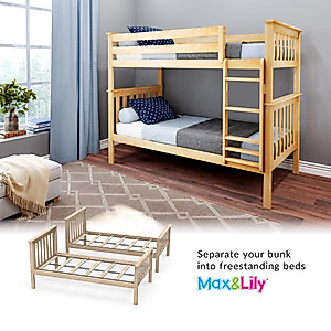 Max & Lily Bunk Bed Twin over Twin, Solid Wood Bunk Bed Frame with Ladder for Kids, 14" Safety Guardrails, Easy Assembly, No Box Spring Needed, Natural