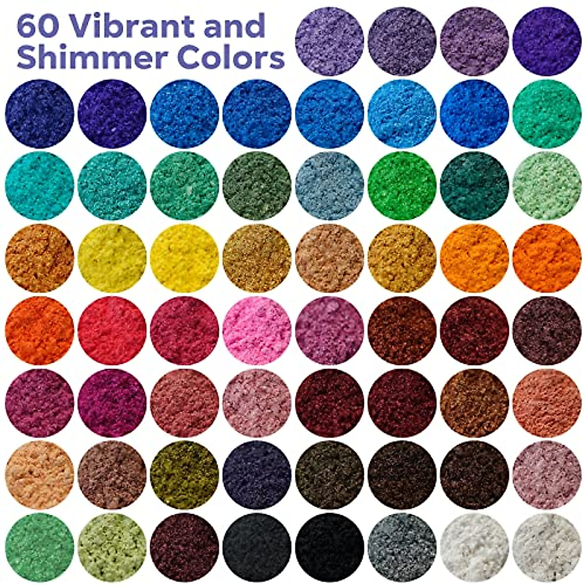 60 Colors Mica Powder-Natural Cosmetic Grade Pigment Powder for Epoxy Resin,Soap Making,Bath Bombs,Candle,Lip Gloss,Slime,DIY Crafts,Paints,Jewelry and More