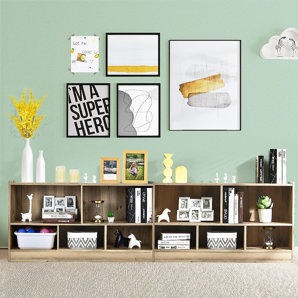 SILKYDRY 5 Cube Bookcase, 2-Tier Open Storage Cabinet, Horizontal Bookshelf for Organizer, Wooden Display Book Shelves for Home Office, Classroom (Natural, 5 Cubes)