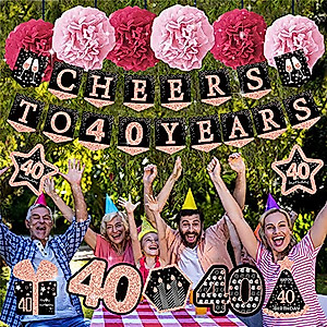 40th birthday decorations for women - (21pack) cheers to 40 years rose gold glitter banner for women, 6 paper Poms, 6 Hanging Swirl, 7 decorations stickers. 40 Years Old Party Supplies gifts for women