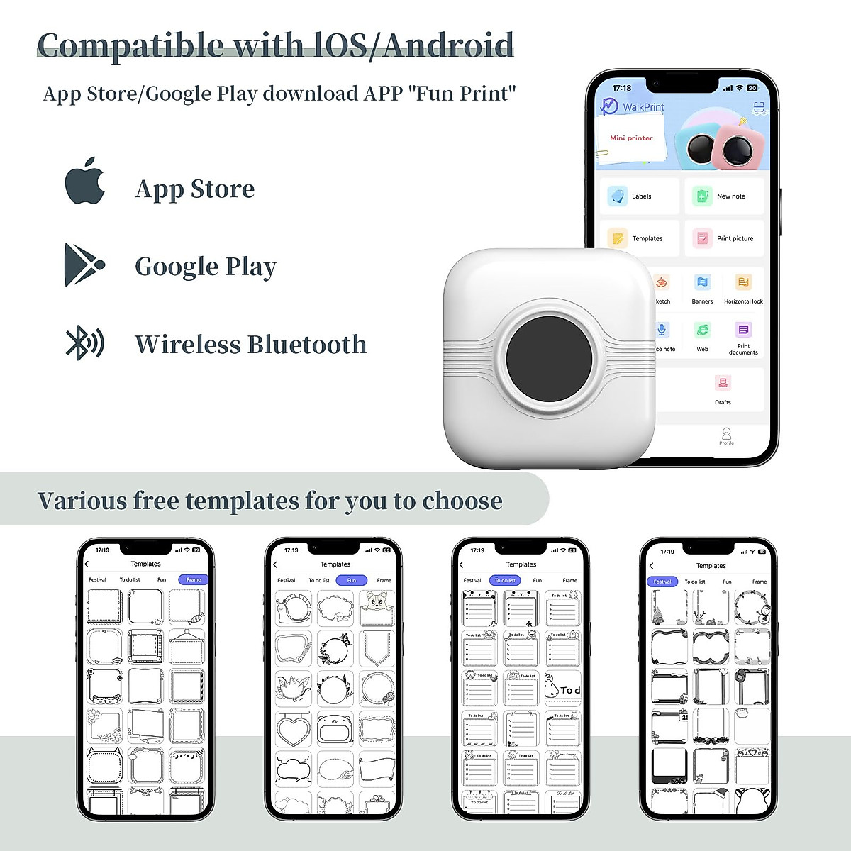 Sticker Printer, Mini Printer,Inkless Sticker Printer,Mini Sticker Printer,Compatible With IOS + Android for Learning Assistance, 3 Pcs sticker rolls, Study Notes, Memo, Fun, Work, Journal (White)