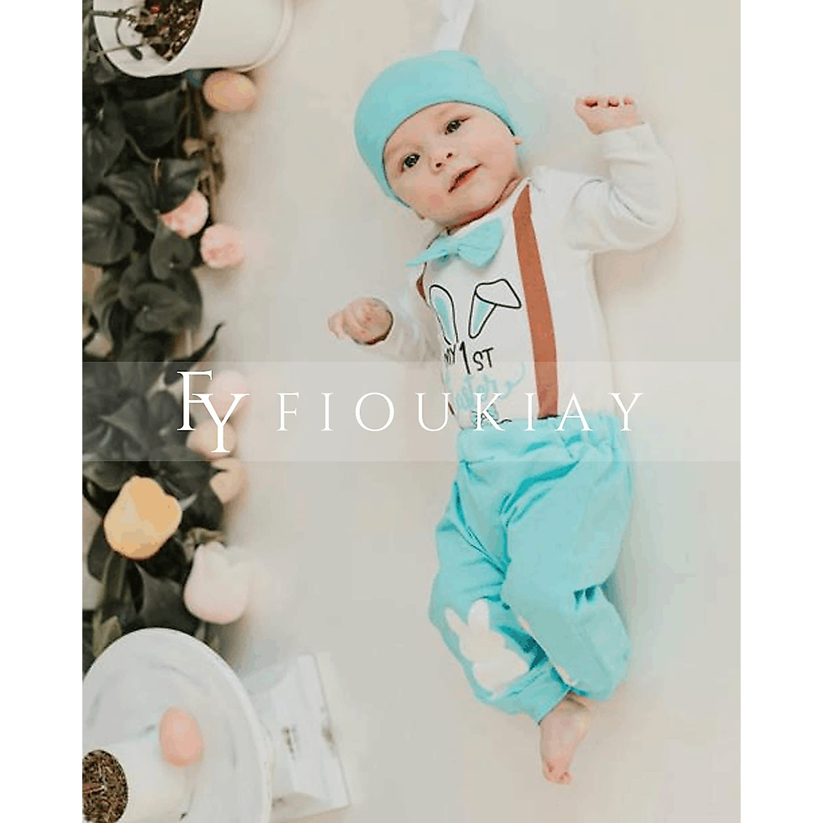 fioukiay Preemie Newborn Baby Boys Easter Outfits Infant My First Easter Baby Bunny Clothes Clothing Pants Set with Hat (White 01, 12-18 Months)