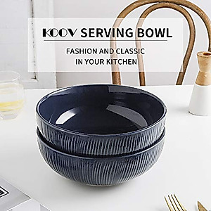 KOOV 2.4 Quarts Porcelain Big Salad Bowl Set, 9" Large Serving Bowls, Ceramic Bowls for Kitchen, Big Bowl for Eating, Striped Series Set of 2 (Aegean)
