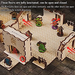 Dungeon Door & Portcullis Gate Miniatures (Set of 4) Wooden Laser Cut Open and Closed Fantasy Terrain 28mm Scale for Dungeons & Dragons, Pathfinder, D&D and Other Tabletop RPG