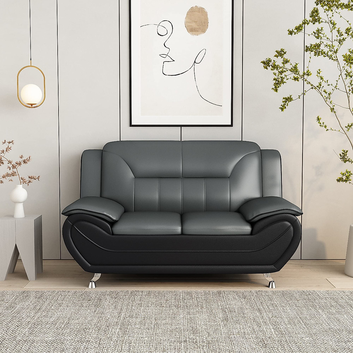 Container Furniture Direct Modern Style Faux Leather Loveseat with Extra Comfortable Pillow Top Armrests Ideal for Living Room, Bedroom or Home Office Couch, 61.3’’ Wide, Grey/Black
