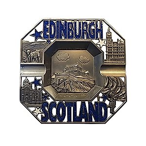 Edinburgh Scotland Metal Ashtray - Castle / Scottish Piper / Highland Cattle / Words in Blue Letters / Souvenir