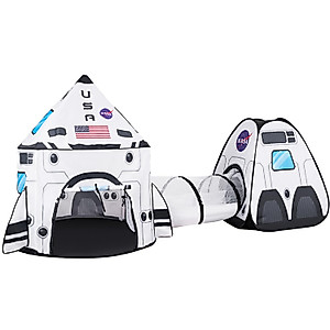 JOYIN White Rocket Ship Pop up Play Tent with Tunnel and Playhouse Kids Indoor Outdoor Spaceship Tent Set