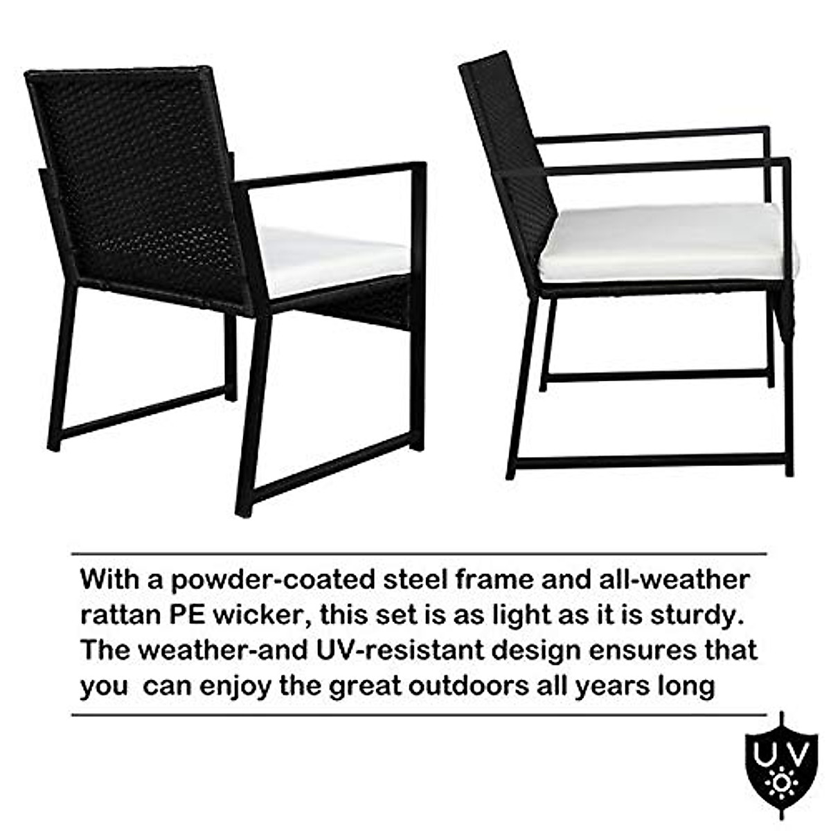 3 PCS Patio Wicker Rattan Furniture Set, Rattan Chair with Coffee Table, Bistro Set Rattan Chair Conversation Sets Garden Furniture for Patio Garden Lawn Backyard Pool (Black-A)