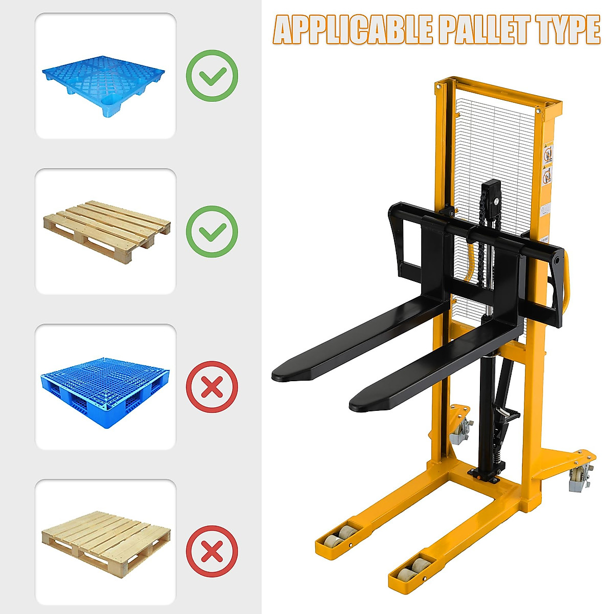APOLLOLIFT Manual Stacker, 2200 lbs Capacity 63 Inch Lift Height Fixed Leg Stacker, with Adjustable Forks Fixed Legs Only Suitable for Open Bottom Pallet