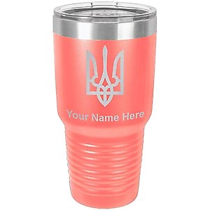LaserGram 30oz Vacuum Insulated Tumbler Mug, Flag of Ukraine, Personalized Engraving Included (Coral)