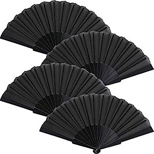 4 Pieces Handheld Folding Fan Chinese Fan Oriental Cloth Fabric Fan for Dancing, Party, Wedding Gifts, DIY Decoration, Home Decorations (Black)