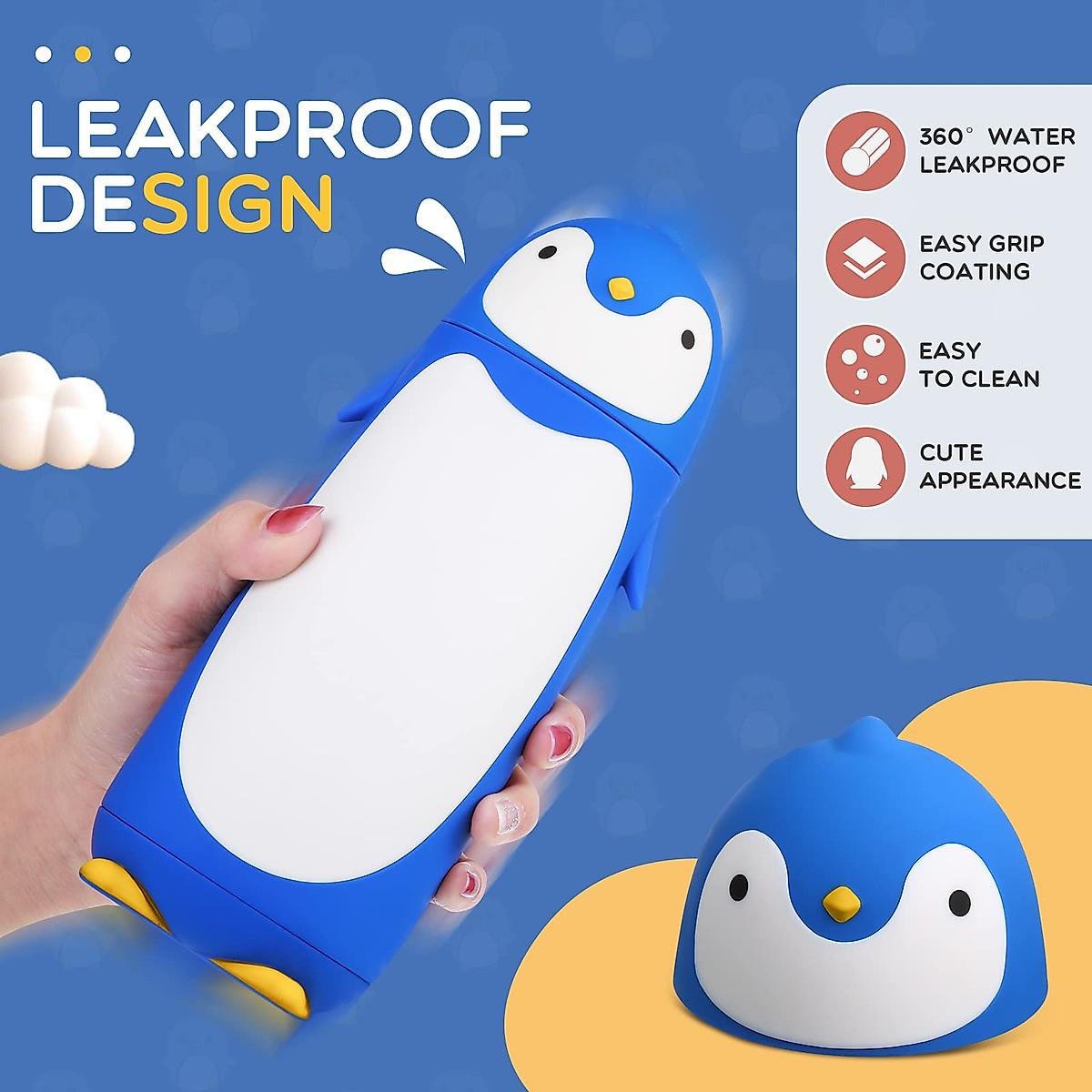 Penguin Water Bottle 2 Pieces 9.5 oz Stainless Steel Penguin Cartoon Water Bottle Funny Travel Mug Insulated Vacuum Water Bottle Travel Coffee Mug for Coffee Tea Beverages Travel, Black and Blue