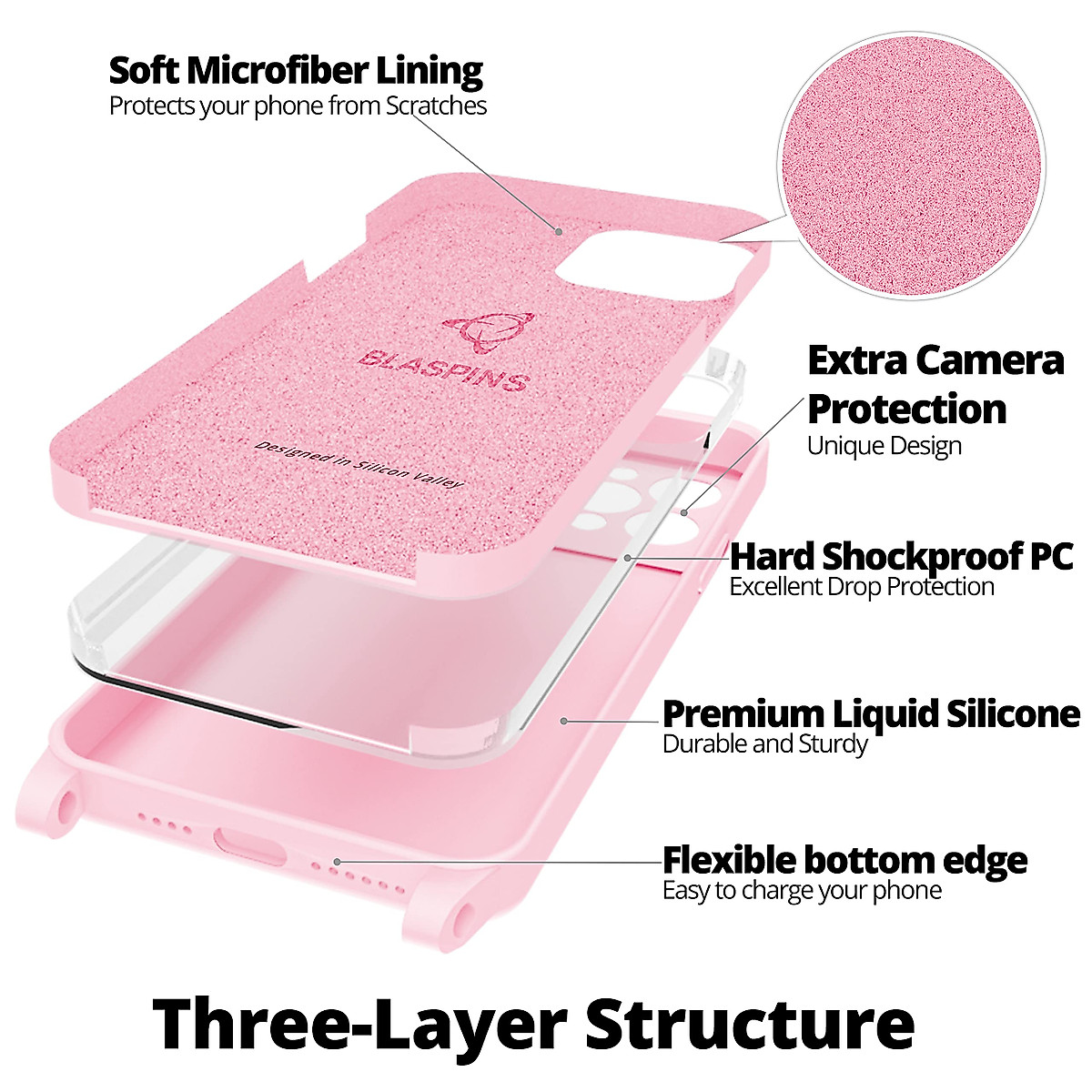 Blaspins Crossbody Strap Phone Case for iPhone 13 Pro Max, Adjustable Rope, Belt Neck Lanyard, String Detach Lanyard, Drop Proof Sturdy, Wrist Hand Free Protective Cover 6.7 inch 13 Pro Max - Pink