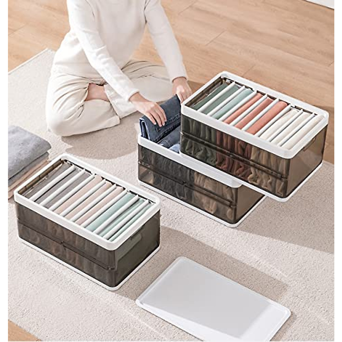 AARAINBOW Stackable Plastic Storage Bins with lids 2 Pc, Foldable Closet Clothes Organizer with Handle Wardrobe Jeans Storage Box, Clear Drawer Organizers for Cloth Toy, 18L (7+9 Grids, Clear Tawny)