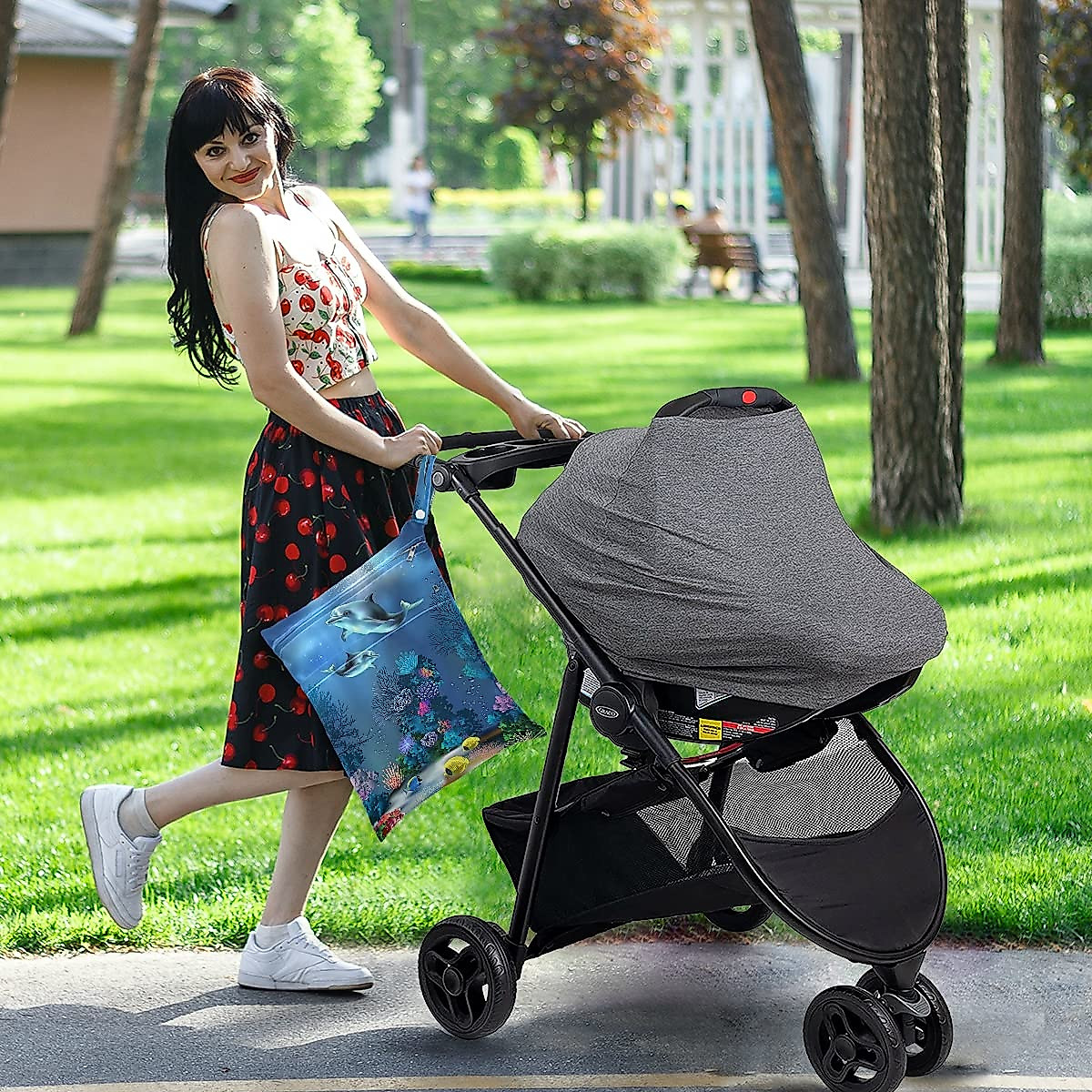 2pcs Underwater Dolphins Cloth Diaper Wet Dry Bag Waterproof Reusable Wet Dry Organizer,Sea Fishes Coral Washable Wet Bag with Two Zippered Pockets for Travel Beach Gym Swimsuits Toiletries