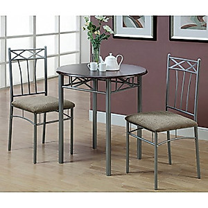 Monarch Specialties 3075 Table, 3pcs, Small, 30" Round, Kitchen, Metal, Laminate, Brown, Grey, Transitional Dining Set, 30" L x 30" W x 30" H, Silver