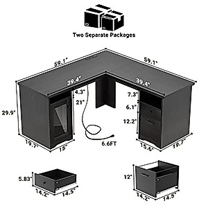 Unikito L Shaped Desk with Drawers, 60 Inch Corner Computer Table with Power Outlet & USB Charging Port, Large Office Desk with File Cabinets, 2 Person Executive Desk with Storage Cabinet, Black