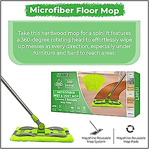 ITSOFT Microfiber Hardwood Floor Mop - Stainless Steel Handle with Extension and 5 Reusable Mop Pads, for Wet or Dry Floor Cleaning, Green