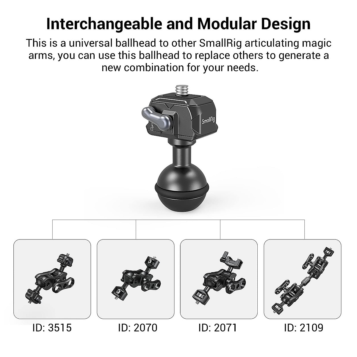 SmallRig Quick Release Ballhead with 1/4" Screw, Drop-in HawkLock Ball Head Clamp for Magic Arm Clamp, Quick Release for Field Monitor, Camera, Light, Max Load of 5kg, Aluminum Alloy - 3600