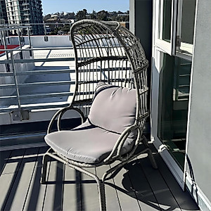 YITAHOME Outdoor Narrow Egg Chair Wicker, Patio Rattan Basket Chair with 370lbs Capacity Indoor Egg Chairs with Stand & Cushion Cocoon Chair for Bedroom, Patio, Balcony - Grey
