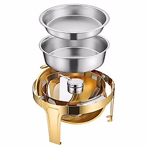 HONHPD Gold Stainless Steel Chafing Dish 1 Packs, 6.5 Quart Round Chafer, Roll Top Chafer for Catering Buffet Warmer Set with Pans and Fuel Holders