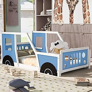 Kids Floor Bed Twin Size Platform Bed with Car-Shaped and Wheels, Wooden Twin Bed Frames with Doors and Windows, Twin Car Bed with Slat Support for Kids Boys Girls, No Box Spring Needed,Blue