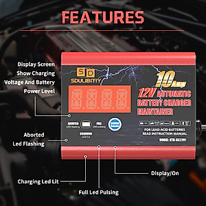 10A Fully-Automatic Smart Charger | 12V Automotive Car Battery Charger | Trickle Battery Charger Maintainer for Car Truck Motorcycle Lawn Mower Boat Marine Lead Acid Batteries