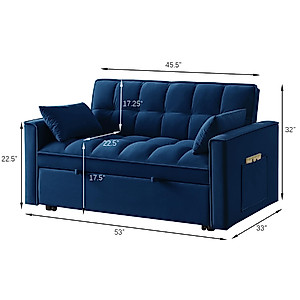 LUMISOL 4 in 1 Loveseat Sofa Bed with Armrests and Storage Pockets, Multifunctional Tufted Pull-Out Sofa Bed with Adjustable Backrest and Pillows, Convertible Loveseat Sofa Couch, 2 Seat, Blue