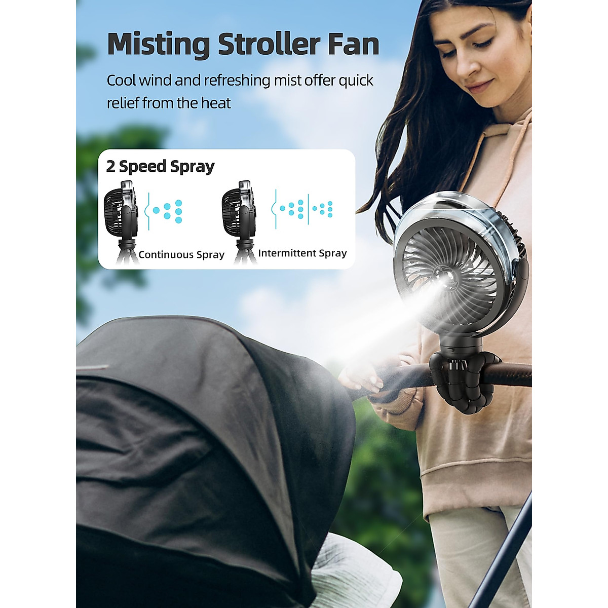 Misting Stroller Fan, 6000mAh Battery Operated Portable Fan with Light & 360° Pivoting, Personal Fan with Flexible Tripod for Baby, Office, Travel,Treadmill,Outdoors