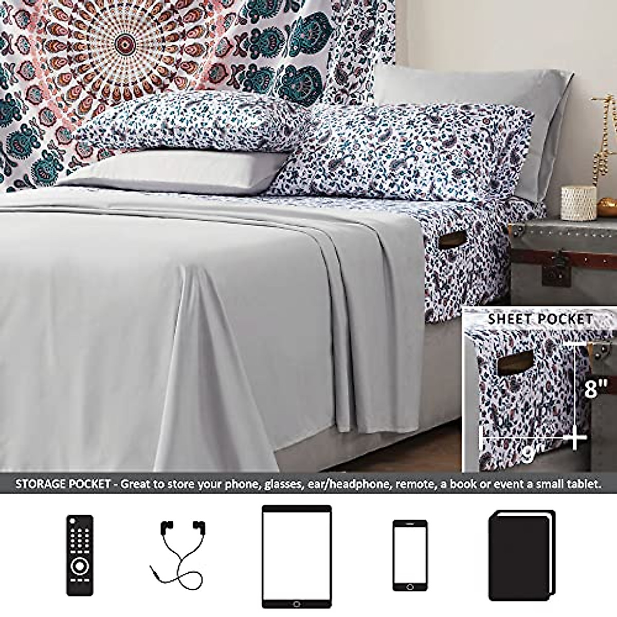 Comfort Spaces 17 Piece Bed in A Bag Comforter Set Include Sheets with 2 Side Pockets - All Season Cozy Bedding and Bedroom Organizer, College Dorm Room Essentials, Full, Henry, Teal