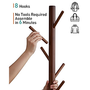 Vriccc Coat Rack Freestanding, Bamboo Coat Stand with Disc, Adjustable Height Wooden Coat Tree with 8 Hooks, kids coat rack, Used In The Bedroom Living Room, Office To Hang Clothes, Hats, Bags