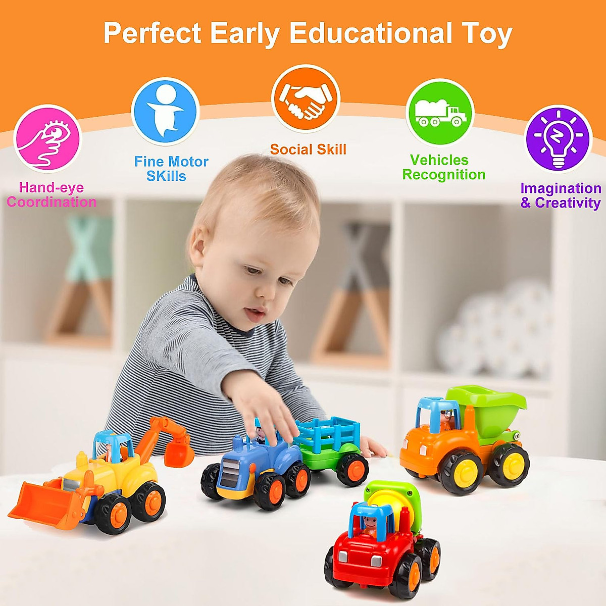Yiosion Push and Go Friction Powered Cars Construction Vehicles Toy Set Tractor Bulldozer Mixer Truck Dumper for 1 2 3 Year Old Baby Toddlers Boys Gifts