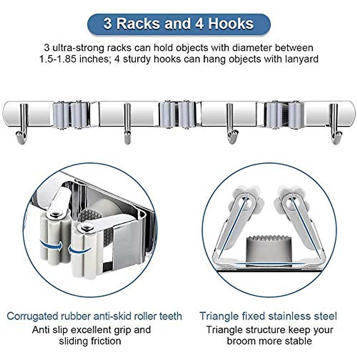 HXcomet Broom Mop Holder, Stainless Steel Wall Mounted Storage Organizer Cleaning Tool for Kitchen, Garage, Garden, Bathroom Organization Storage (3 Racks 4 Hooks)