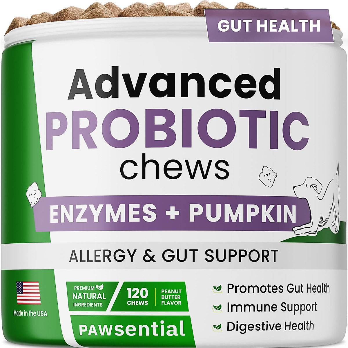 Pawsential Advanced Dog Probiotics & Digestive Enzymes |Gut Health| Chews for Digestion, Allergy Yeast, Itchy Skin- Prebiotics Fiber Supplement - Diarrhea Gas Upset Stomach Relief Treats - 120 Chews