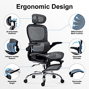 Ergonomic Office Chair,Office Chair with Tilt Function,Mesh Office Chair with Footrest,Ergonomic Chair with Adaptive Backrest, Adjustable Headrest,SGS Class 4 Gas Clylinder and Flip-Up Armrests