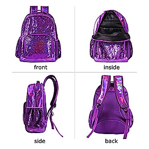 Fermido Sequin School Backpack for Girls Kids Cute Elementary Book Bag Teen Glitter Flip Sparkly Holographic Purple Back Pack One_Size