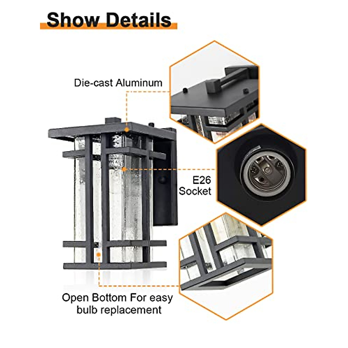 Retro Outdoor Wall Light Small Outside Wall Lamp with Clear Seeded Glass Shade 10"H Exterior Light Fixtures Wall Mount IP65 Waterproof Outdoor Porch House Lighting Exterior Wall Lantern E26,Black