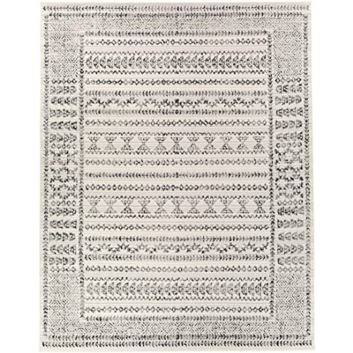 Greig Bohemian Farmhouse Living Room Bedroom Area Rug - Neutral Boho Carpet - Bordered - Off White, Black, Grey, Beige - 6'7" x 9'