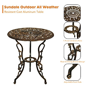 Sundale Outdoor 4 Piece Bistro Set, Cast Aluminum Umbrella Table Chair Loveseat Furniture All Weather Resistant Antique Finish Patio Conversation Set for Balcony Porch Yard Bronze Rose