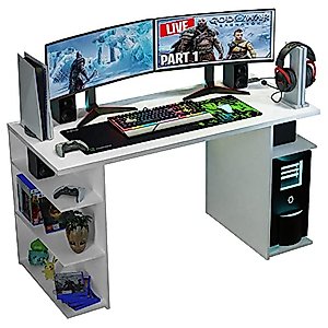 Madesa Gaming Computer Desk with 5 Shelves, Cable Management and Large Monitor Stand, Wood, 24" D x 53" W x 29" H - White