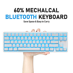 Wireless 60% Mechanical Gaming Keyboard,Ultra-Compact Blue Backlit keyboard Bluetooth 4.0 Tepy C Wired/Wireless Blue Switches Computer Keyboard for Multi-Device iPhone Android Mobile PC Laptop(White)