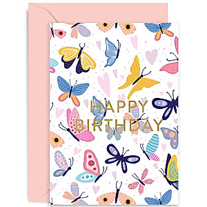 Old English Co. Cute Butterfly Happy Birthday Card for Her - Colourful Pastel Butterfly Birthday Wishes for Mum, Daughter, Sister, Cousin | Blank Inside with Envelope
