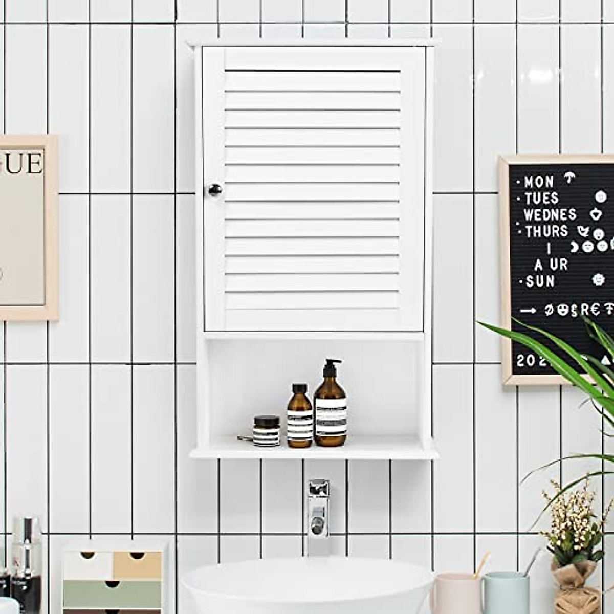 Tangkula Medicine Cabinet, Wall Mounted Bathroom Cabinet Single Door Wooden Bathroom Wall Cabinet with Adjustable Shelf