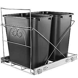 Pektiftn Double Pull Out Trash Can Under Cabinet, Under Sink Trash Can Pull Out Shelf Kit,Dual Compartment Slide Out Rack Rail for Kitchen Recycle Bins (Not Included Trash Can，Stainless Steel)