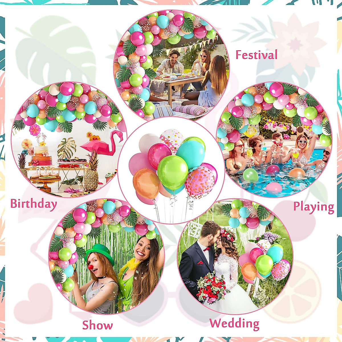 124Pcs Tropical Balloons Arch Garland Kit, Green Hot Pink Rose Gold Confetti Balloons Palm Leaves for Tropical Hawaiian Aloha Luau Flamingo Birthday Party Baby Shower Wedding Decorations